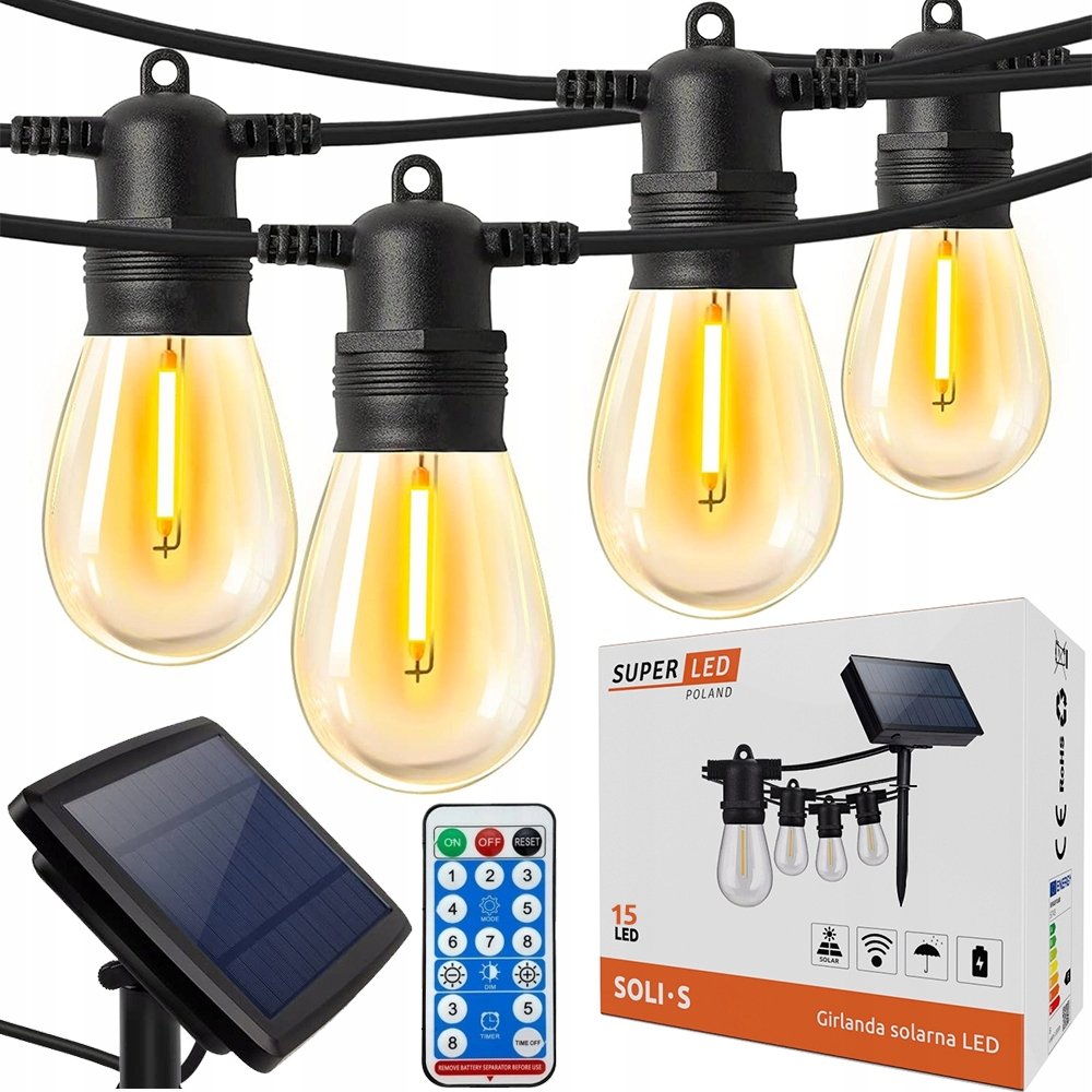 Girlanda solarna LED ogrodowa 15m + 15x E27 LED filament Łańcuch SuperLED - SuperLed | Sklep ...