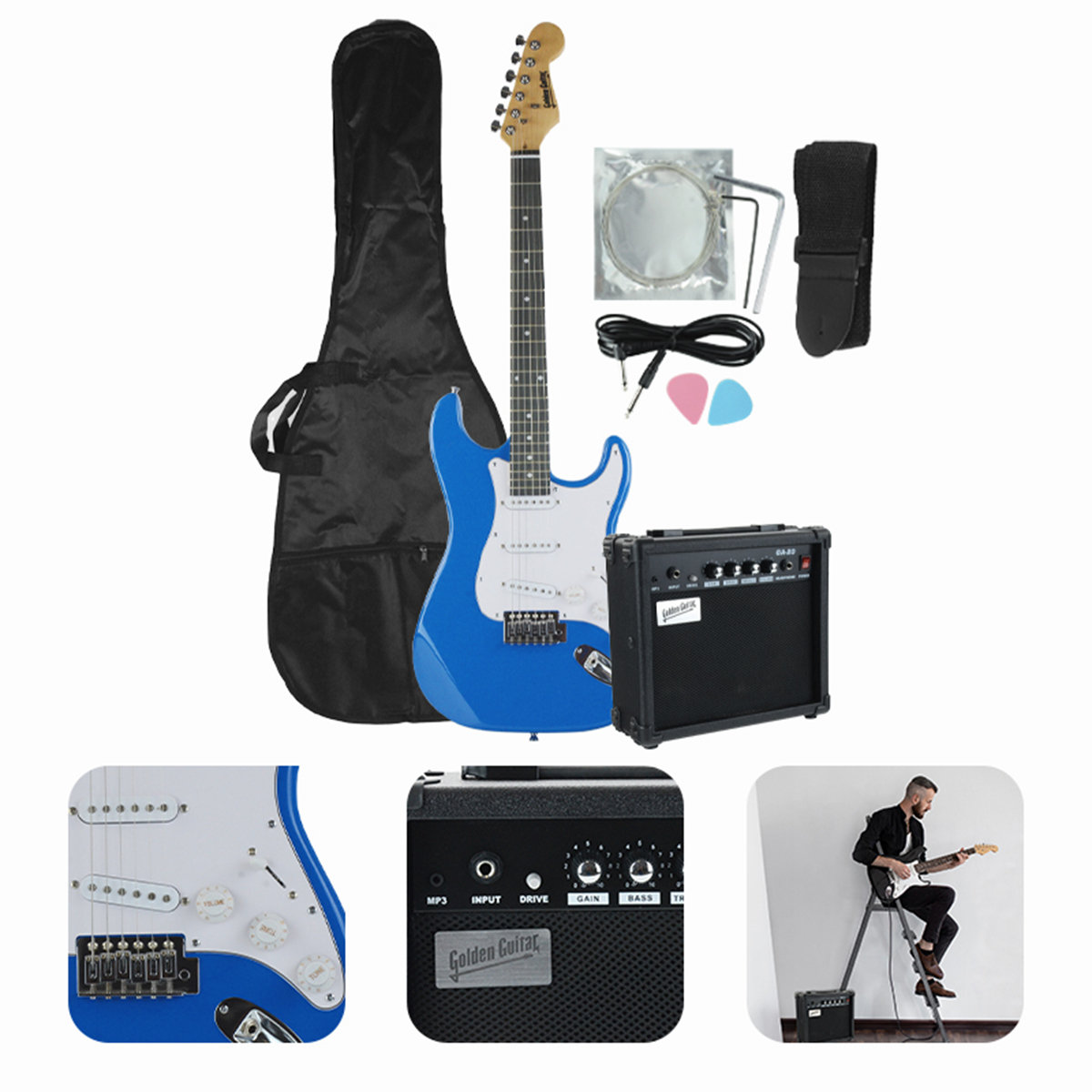 Gitara elektryczna - kompletny zestaw - Golden Guitar STEG-20 Niebieska Stratocaster - Golden ...