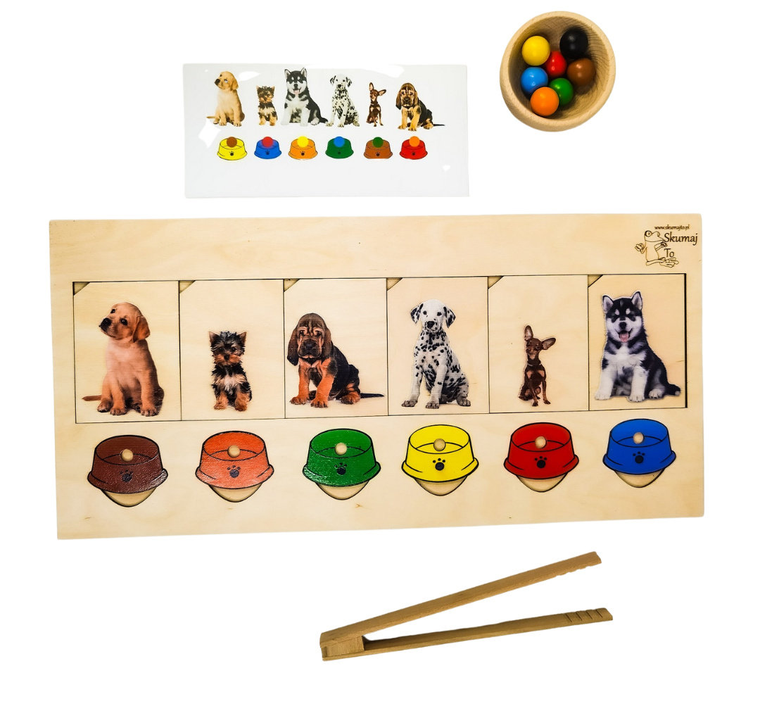 Głodne pieski, drewniana układanka, piski, miseczki, kulki, szczypce ...