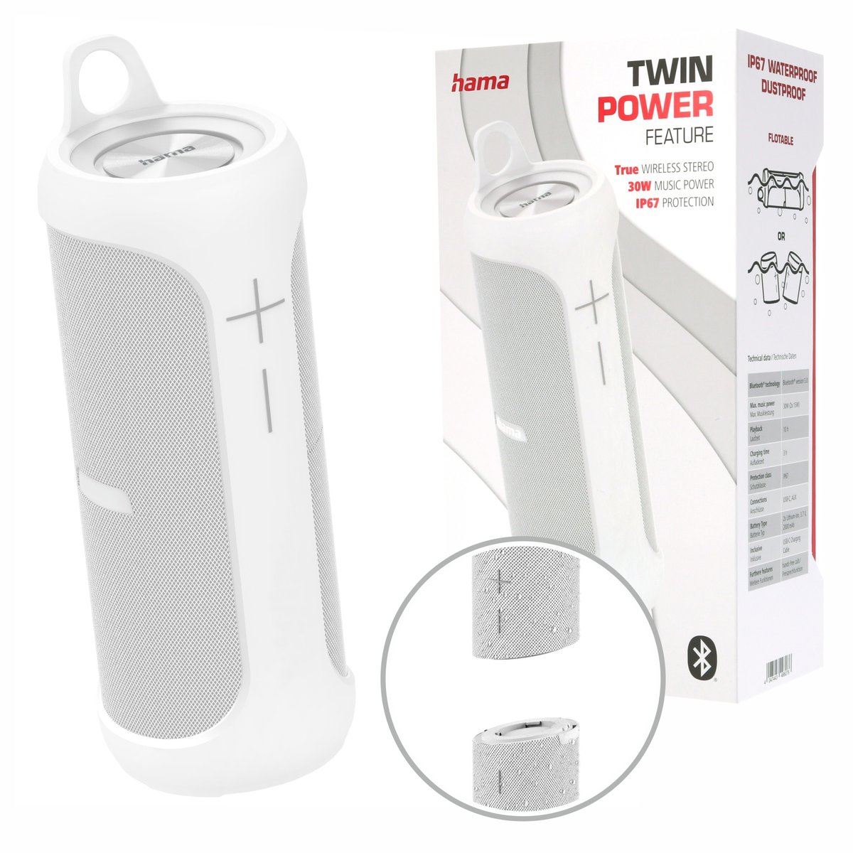 Głośnik mobilny Bluetooth Hama Twin 3 biały Bezprzewodowy 30W USB-C ...