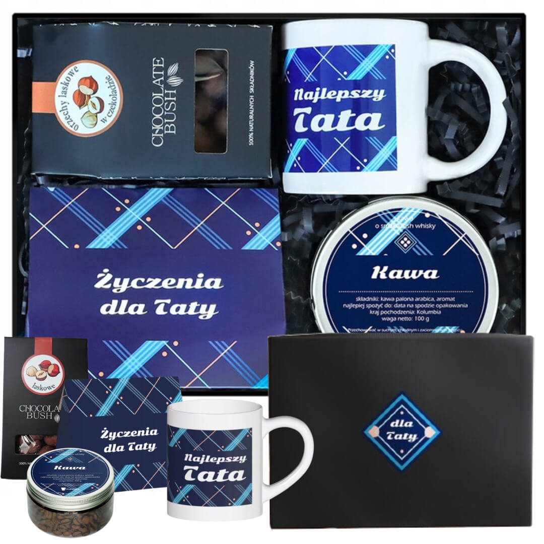 Gotowy zestaw prezentowy „Box dla Taty“ kawy smakowe kubek kawa PREMIUM orzechy laskowe w ...