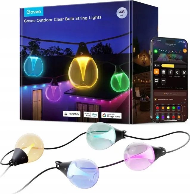 Govee Outdoor String Lights Oświetlenie LED RGBICW Zewnętrzne 15m Wi-Fi ...
