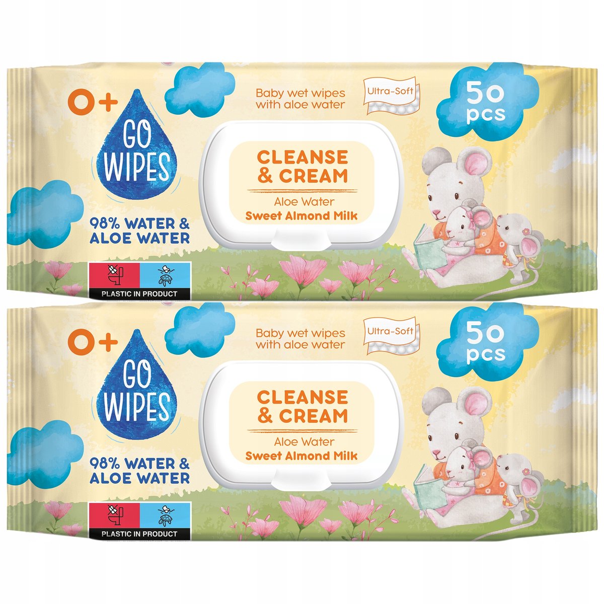 GoWipes Baby Wet Wipes Aloe Water & Almond Milk Flip Top Set 2×50 pcs ...