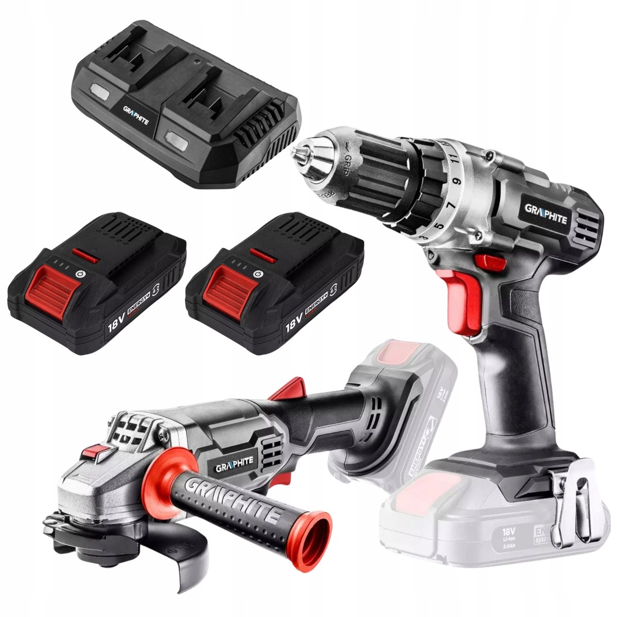 GRAPHITE Wiertarko Wkrętarka + Szlifierka Kątowa + 2x Akumulator ...