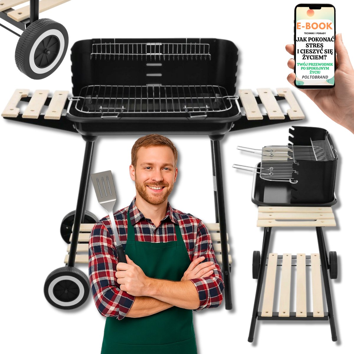 GRILL OGRODOWY NA KÓŁKACH WĘGLOWY Z PÓŁKAMI DREWNIANY DUŻY RUSZT ...