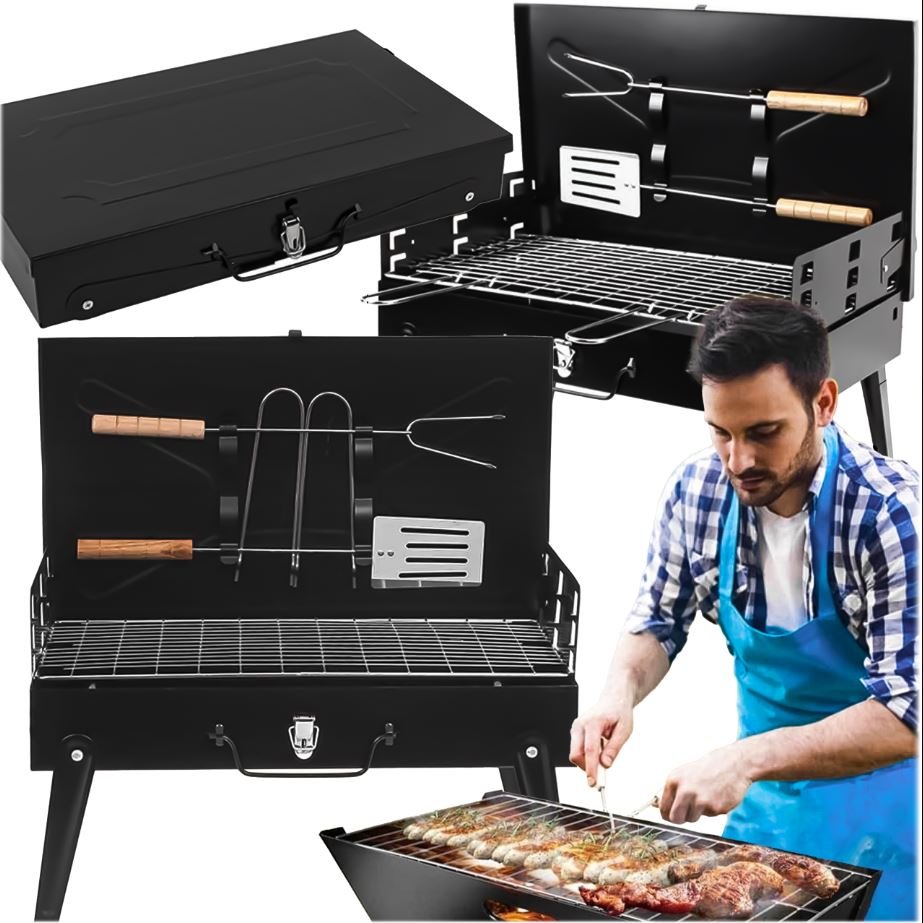 GRILL OGRODOWY TURYSTYCZNY PRZENOŚNY SKŁADANY BBQ WALIZKA + AKCESORIA ...