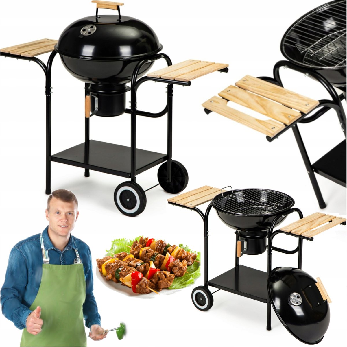 GRILL OGRODOWY Z POKRYWĄ ZAMYKANY KULISTY Z PÓŁKAMI DREWNIANYMI XL ...