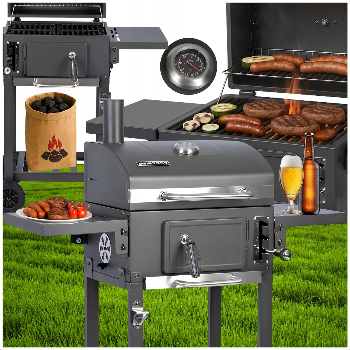 Grill Węglowy Gril Ogrodowy Duży Żeliwny Ruszt Pokrywa Popielnik ...