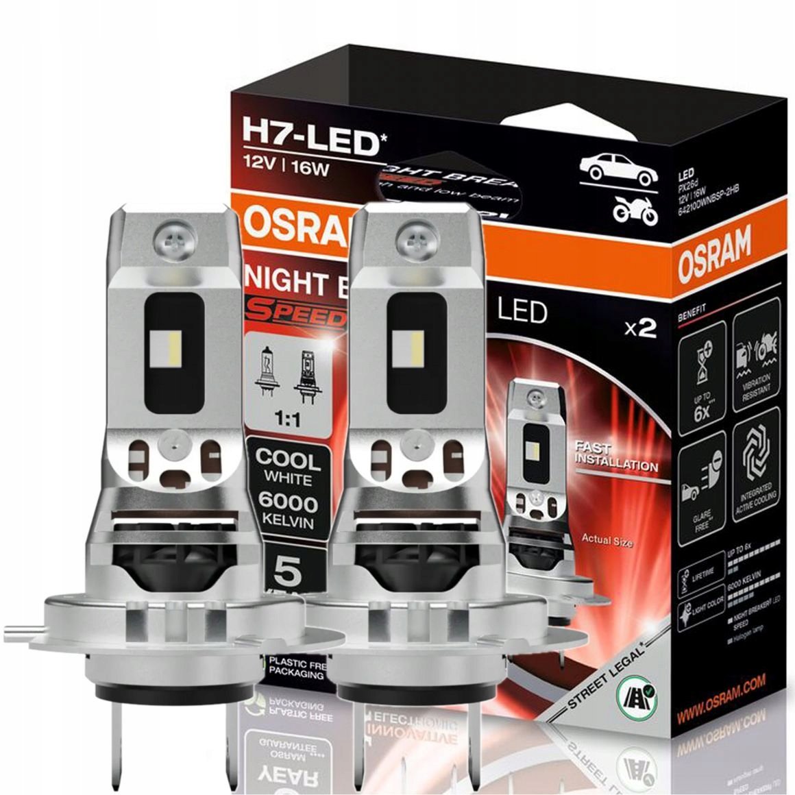 H7 LED OSRAM NIGHT BREAKER LED SPEED 16W 1:1 PLUG & PLAY HOMOLOGACJA ...