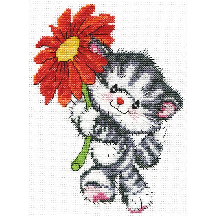 Haft krzyżykowy - Zestaw do haftu - Kotek z czerwoną stokrotką ...