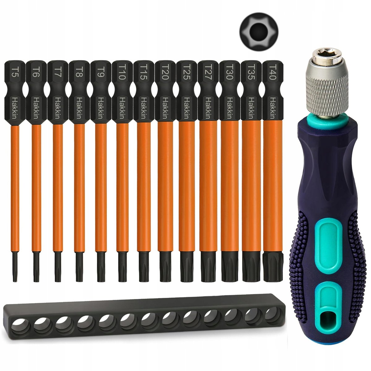 HAKKIN Zestaw Bitów Torx T5-T40 13 Sztuk Magnetyczne S2 Stal 75 mm ...