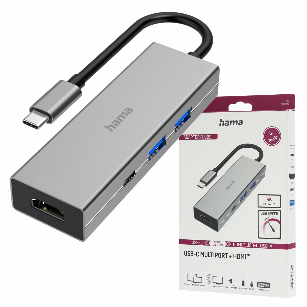 Hama Hub Rozdzielacz Multiport Adapter 4 Porty, 1x USB-C 2x USB-A 1x ...