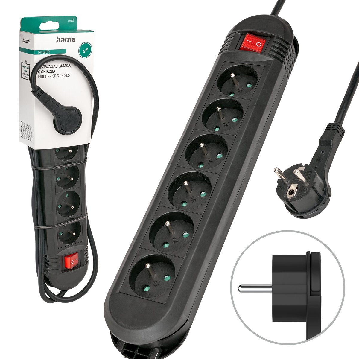 Hama listwa zasilająca przedłużacz 6 gniazd 3 m podświetlany włącznik ...