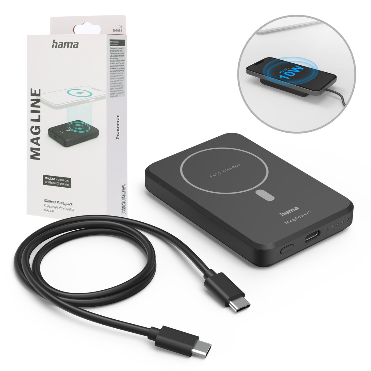 Hama powerbank power pack indykcyjny 500mAh czarny kabel USB-C do ...