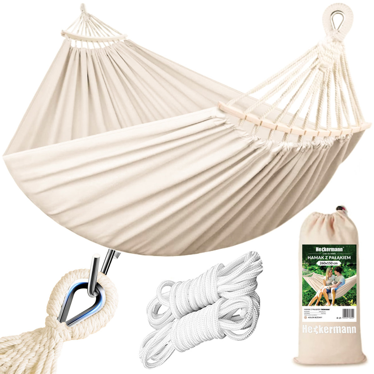 Hamak sznurkowo-drewniany z drążkiem Heckermann 300kg 260x150cm Beżowy ...