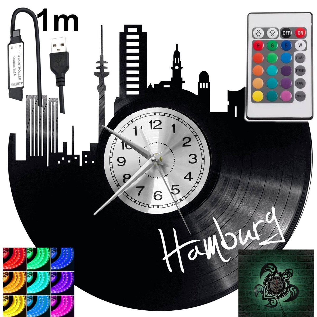 HAMBURG Zegar Ścienny Podświetlany LED RGB Na Pilota Płyta Winylowa ...
