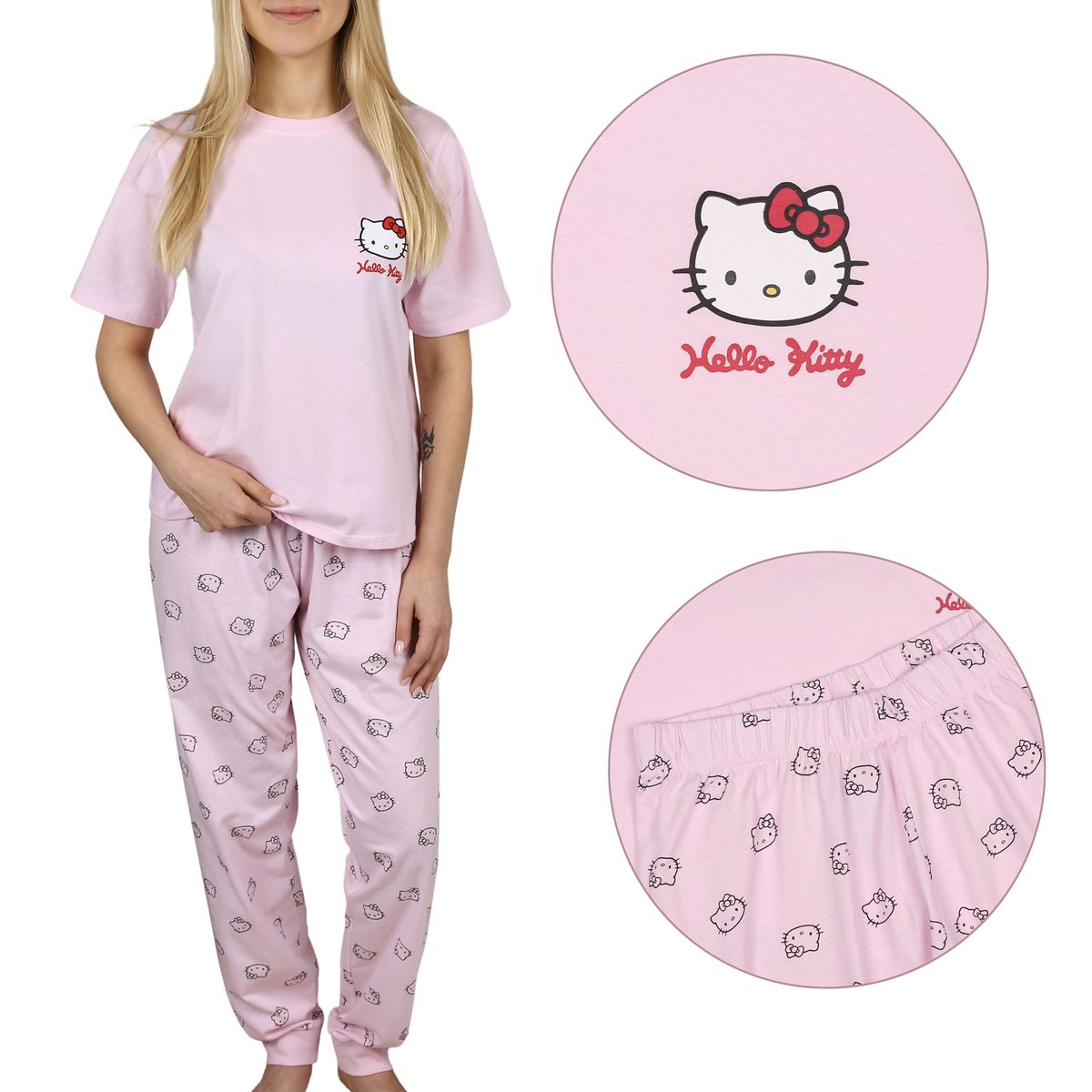 Hello Kitty Damska piżama z krótkim rękawem, długie spodnie, dwuczęściowa, bawełniana XXL ...