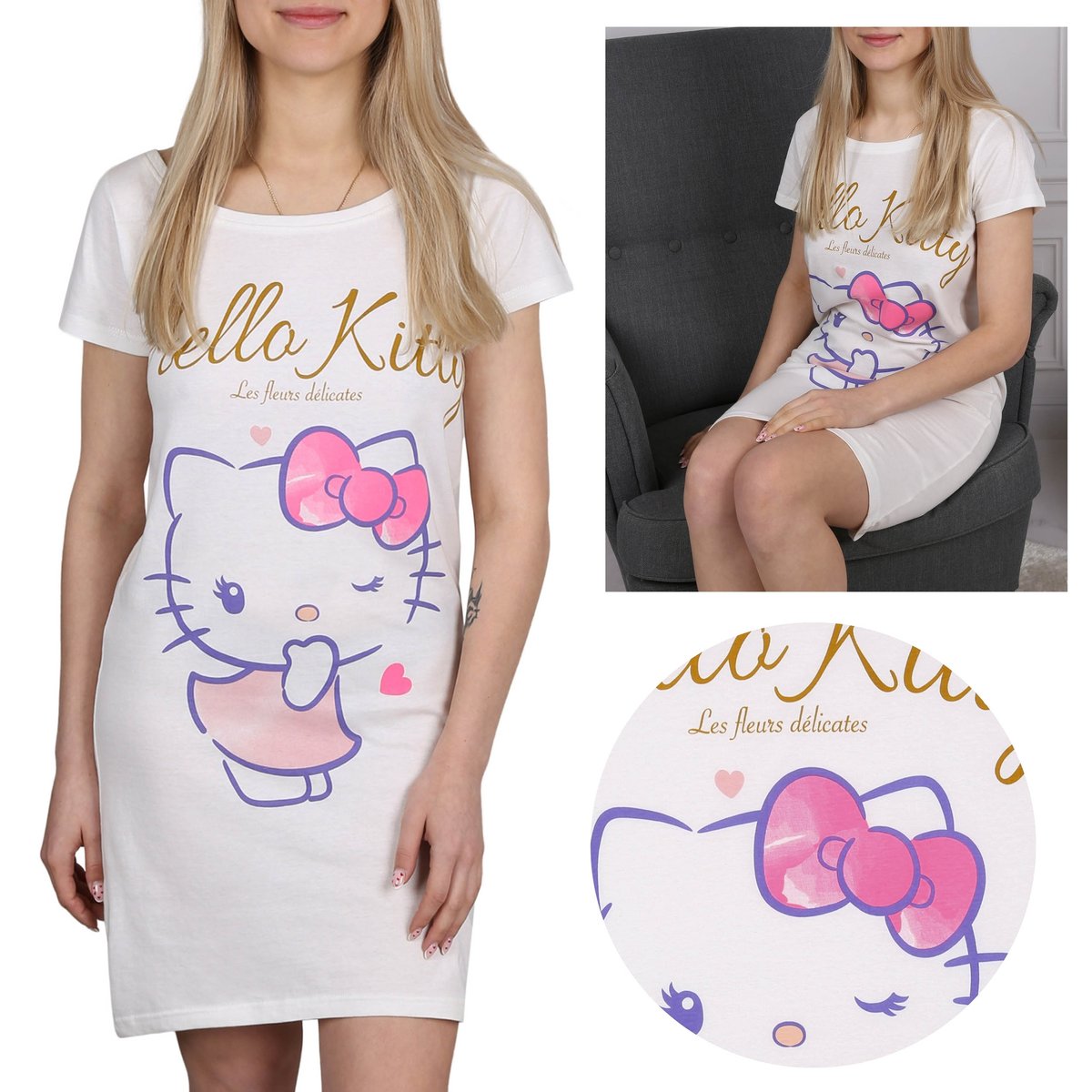 Hello Kitty Kremowa, damska koszulka nocna, bawełniana koszulka do spania M - Hello Kitty | Moda ...