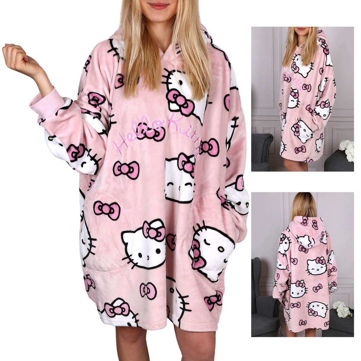 Hello Kitty Różowa bluza/szlafrok/koc z kapturem, snuddie z kieszeniami M-L - Hello Kitty | Moda ...