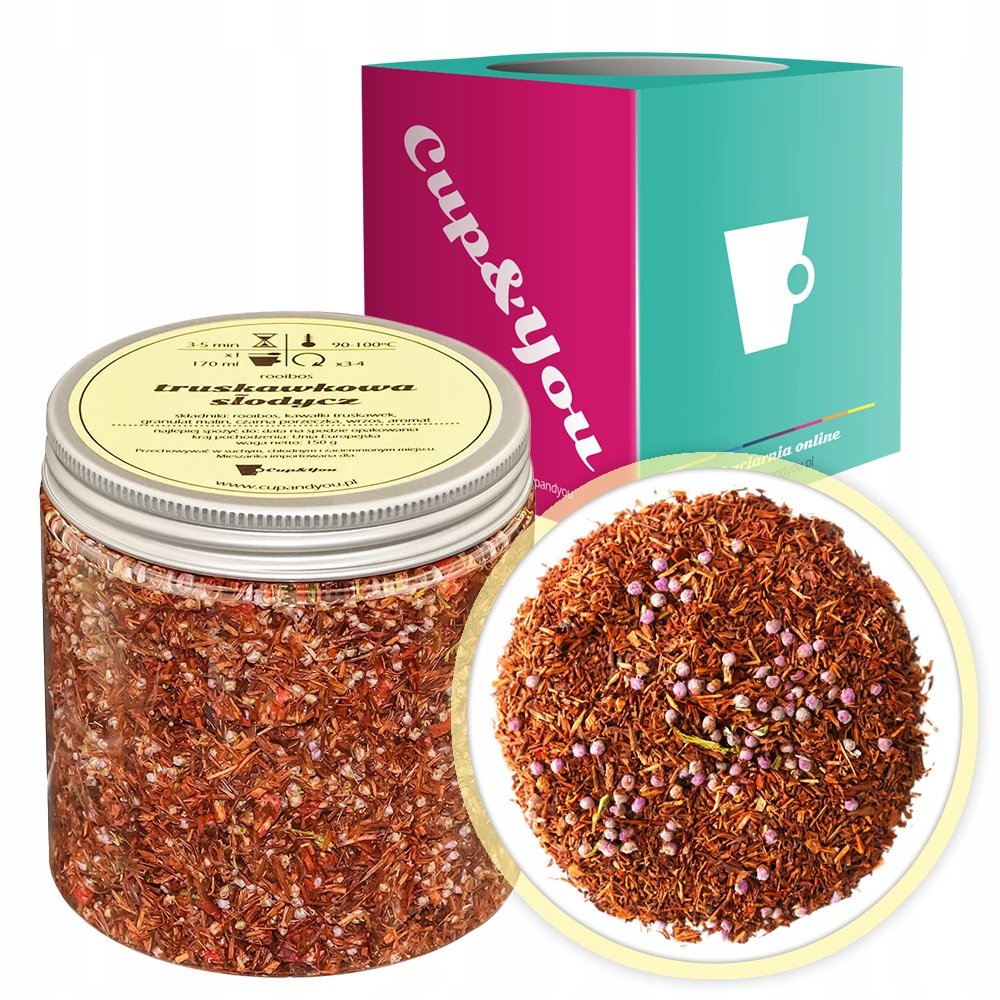 Herbata Rooibos TRUSKAWKOWA SŁODYCZ czerwonokrzew bez kofeiny wrzos ...