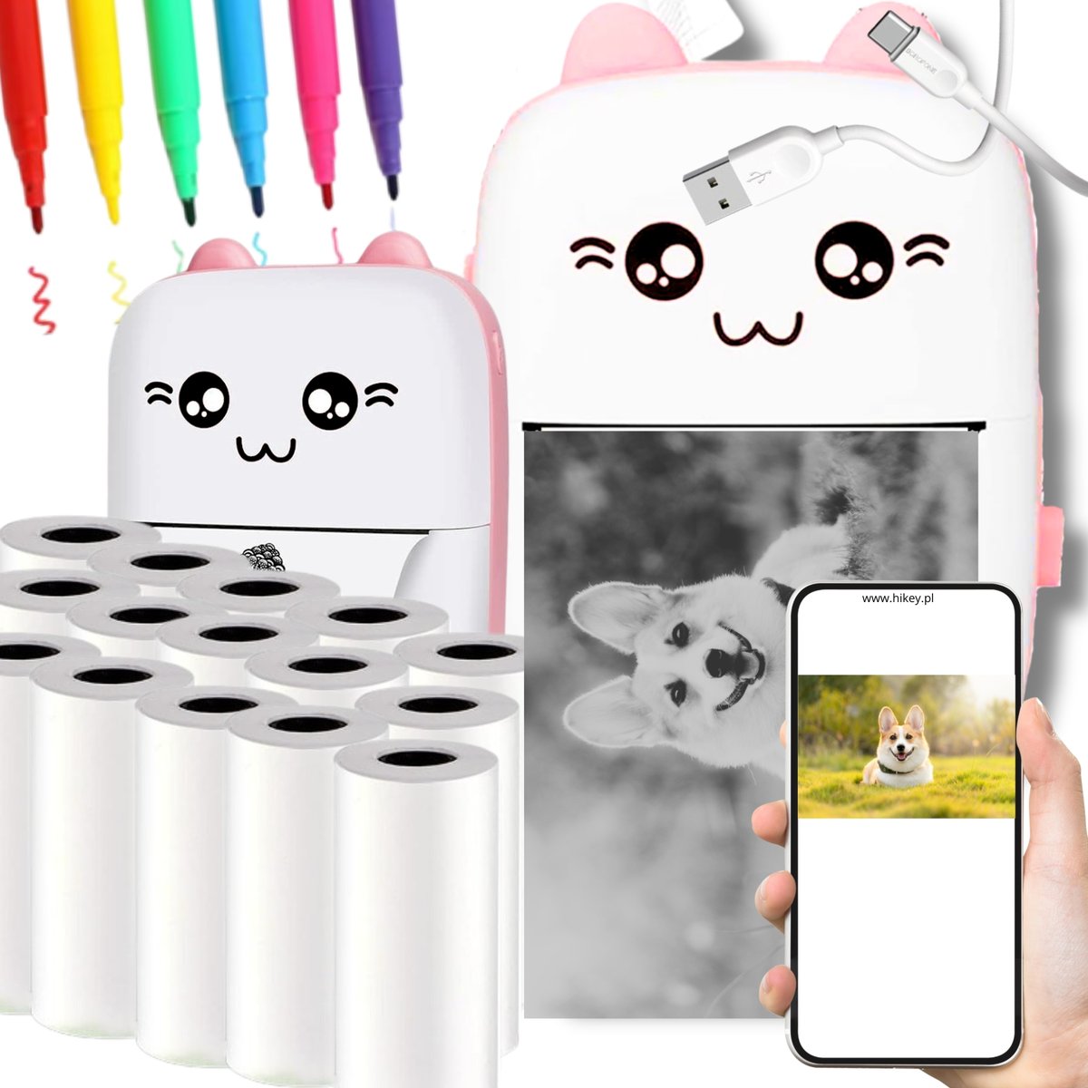 Hikey, Drukuś Drukarka Termiczna Mini Kot różowa + 15 rolek - Hikey ...