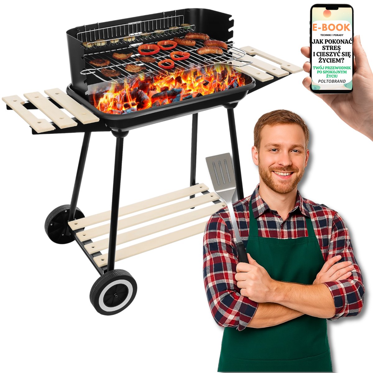 HIT GRILL WĘGLOWY OGRODOWY NA KÓŁKACH Z 3 PÓŁKAMI DUŻY RUSZT PREMIUM ...