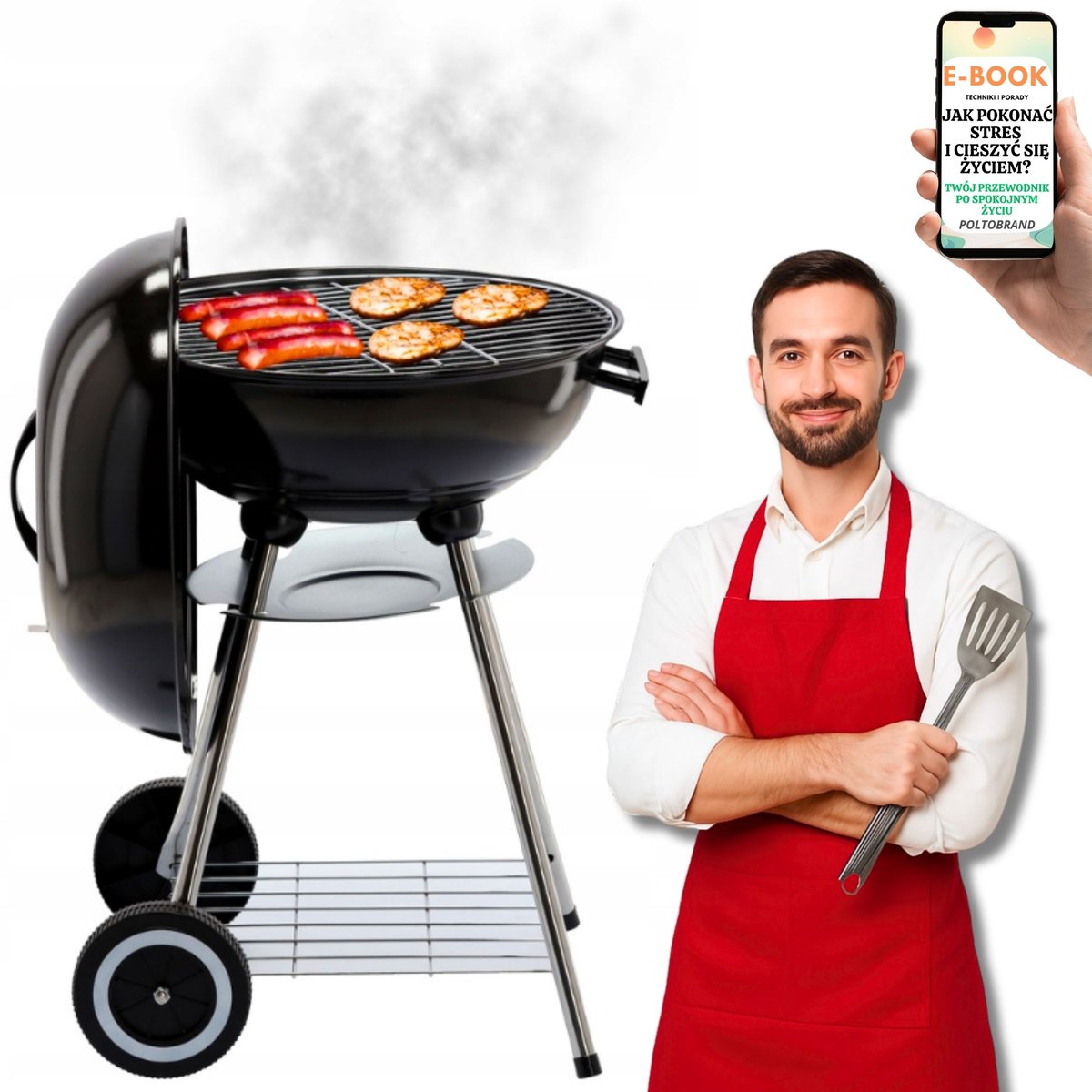 HIT! GRILL Z POKRYWĄ OGRODOWY WĘGLOWY OKRĄGŁY KULISTY Z PÓŁKĄ NA ...