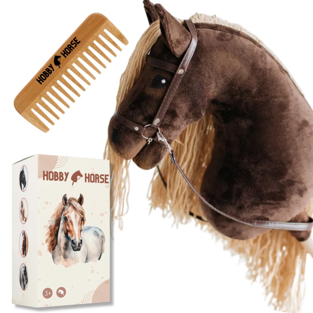 HOBBY HORSE KOŃ NA KIJU KONIK GŁOWA KONIA BRĄZ + GRZEBIEŃ + PUDEŁKO [M ...