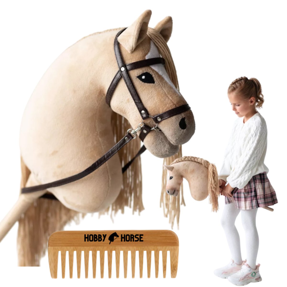 HOBBY HORSE KOŃ NA KIJU KONIK GŁOWA KONIA PATYKU Z GRZYWĄ + GRZEBIEŃ [M ...