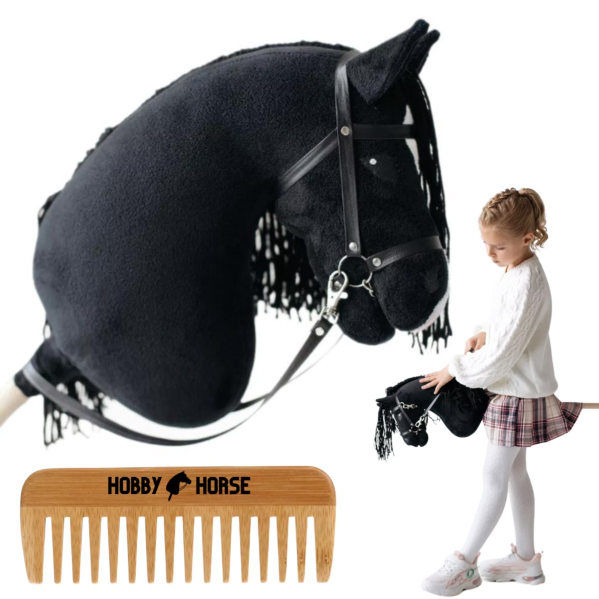 HOBBY HORSE KOŃ NA KIJU KONIK GŁOWA KONIA PATYKU Z GRZYWĄ + GRZEBIEŃ [M ...