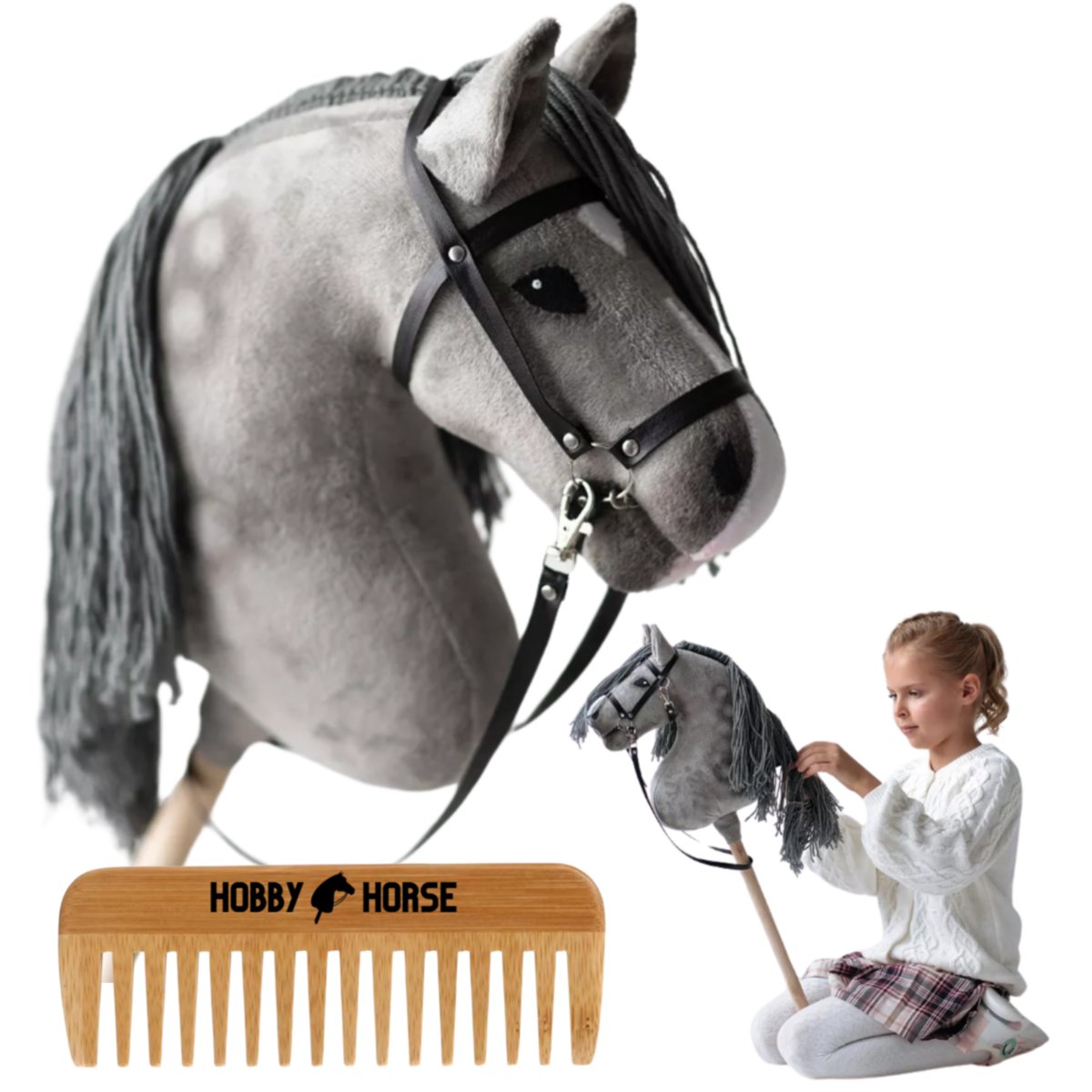 HOBBY HORSE KOŃ NA KIJU KONIK GŁOWA KONIA PATYKU Z GRZYWĄ + GRZEBIEŃ [M ...
