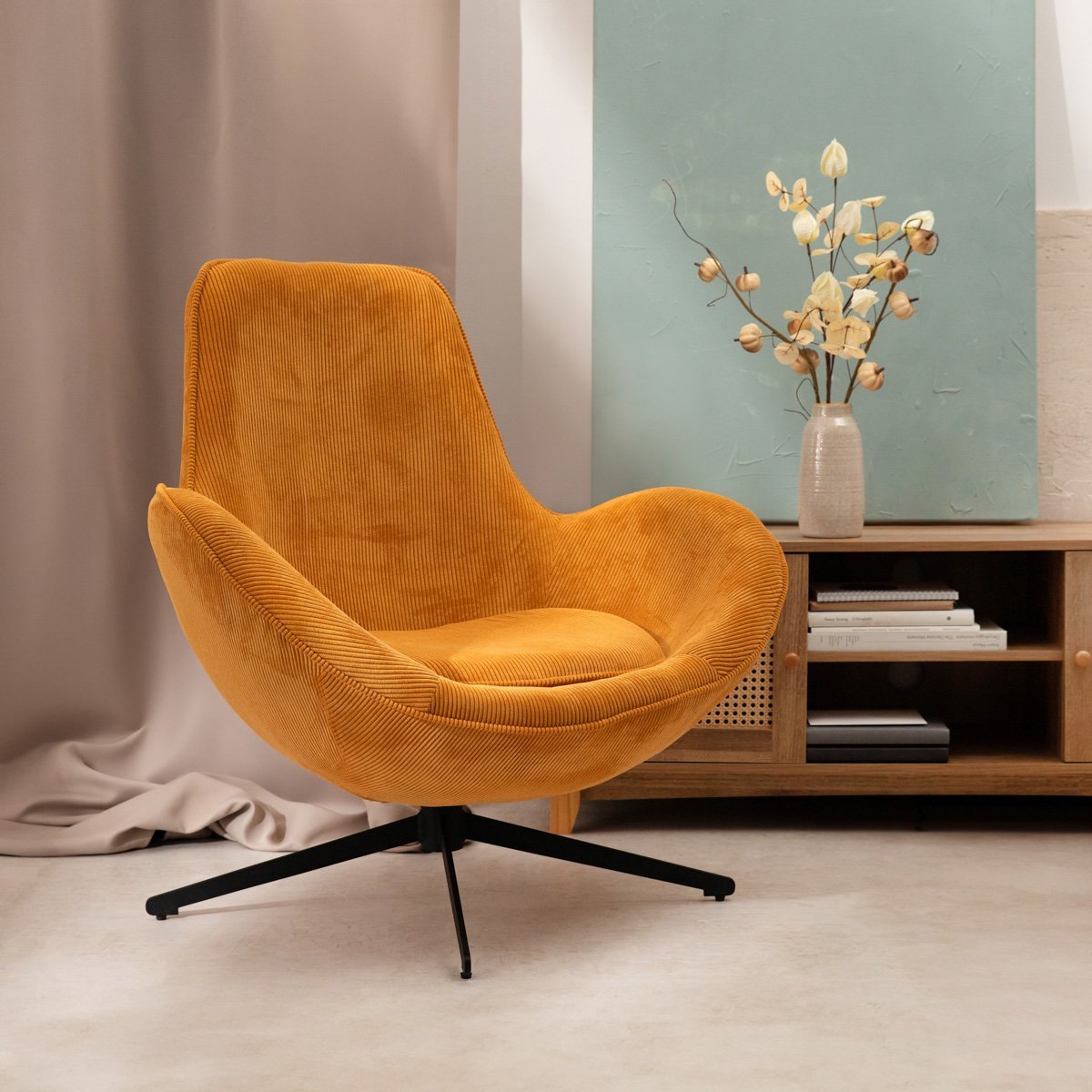 HOMLA LUNAIRE Fotel obrotowy sztruksowy musztardowy 86x76x87 cm - Homla ...