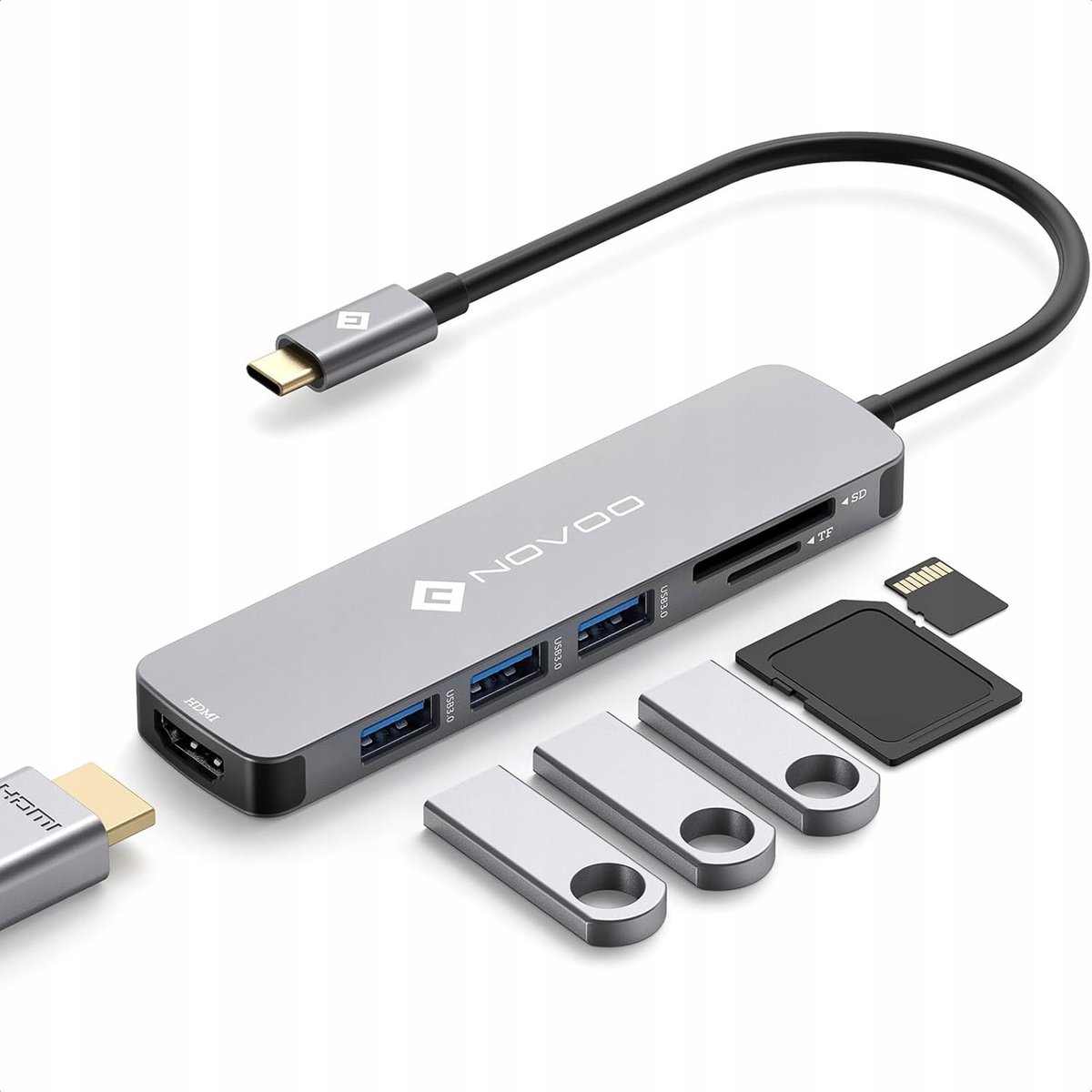 Hub, koncentrator USB-C na HDMI 4K, USB 3.0, czytnik kart TF / SD Novoo ...