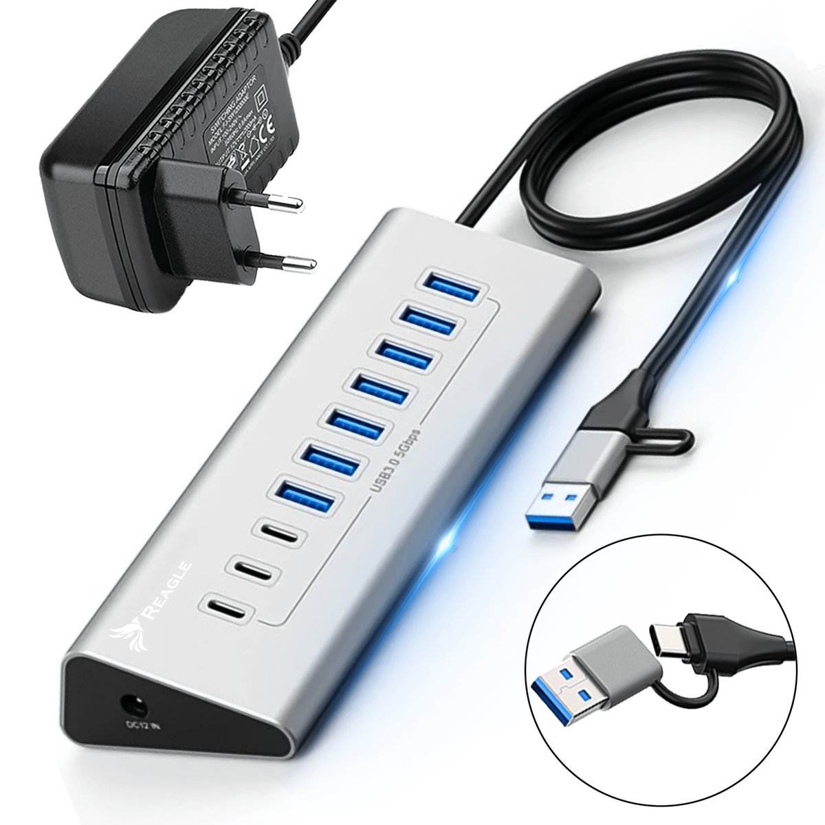 HUB USB AKTYWNY Z ZASILACZEM 36W 10 PORTÓW USB 3.2 ROZDZIELACZ ...