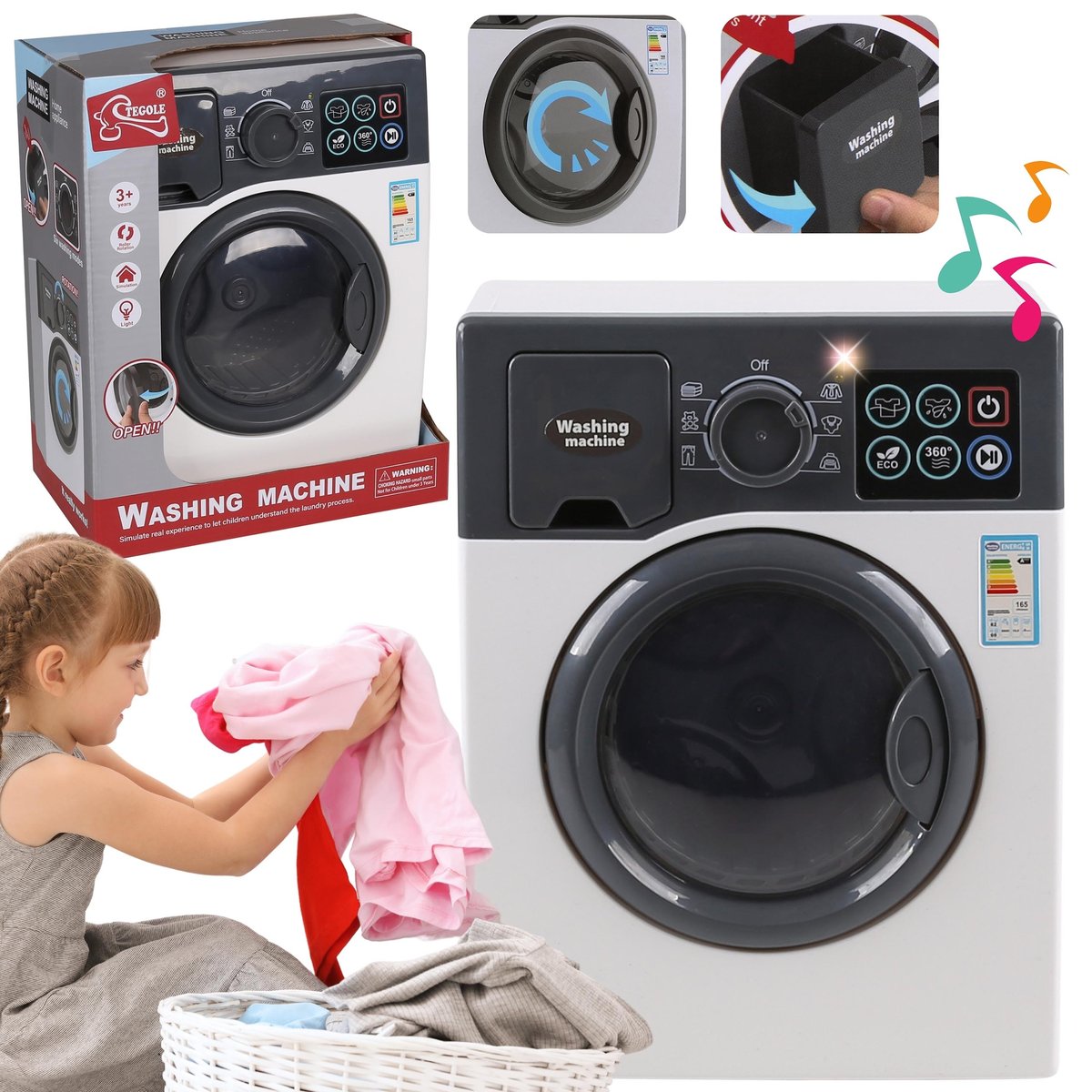 Interaktywna, zabawkowa pralka, automat dla dzieci, ruchomy bęben ...