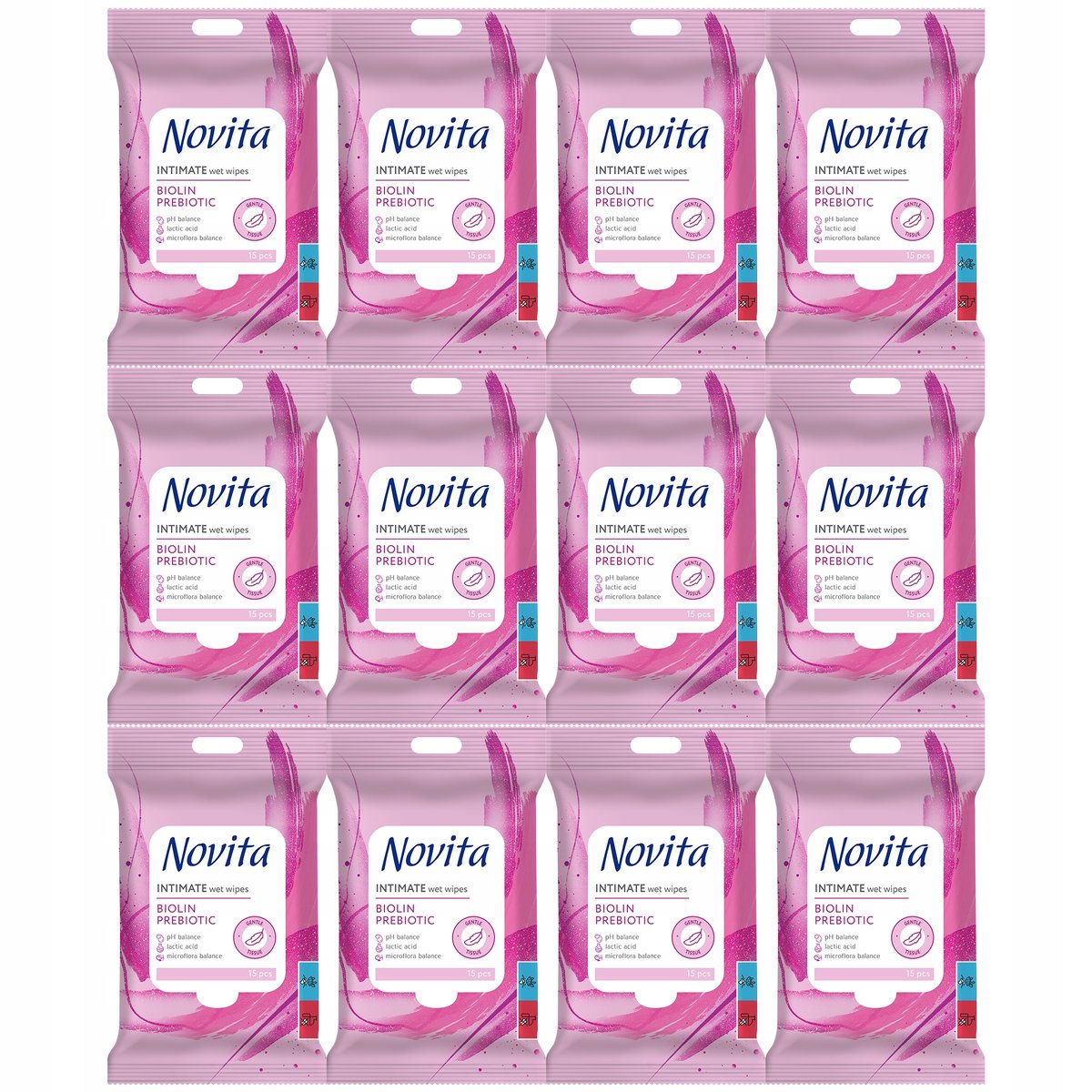 Intimate Wet Wipes with Biolin Prebiotic pH Balance NOVITA 15 pcs×12 ...