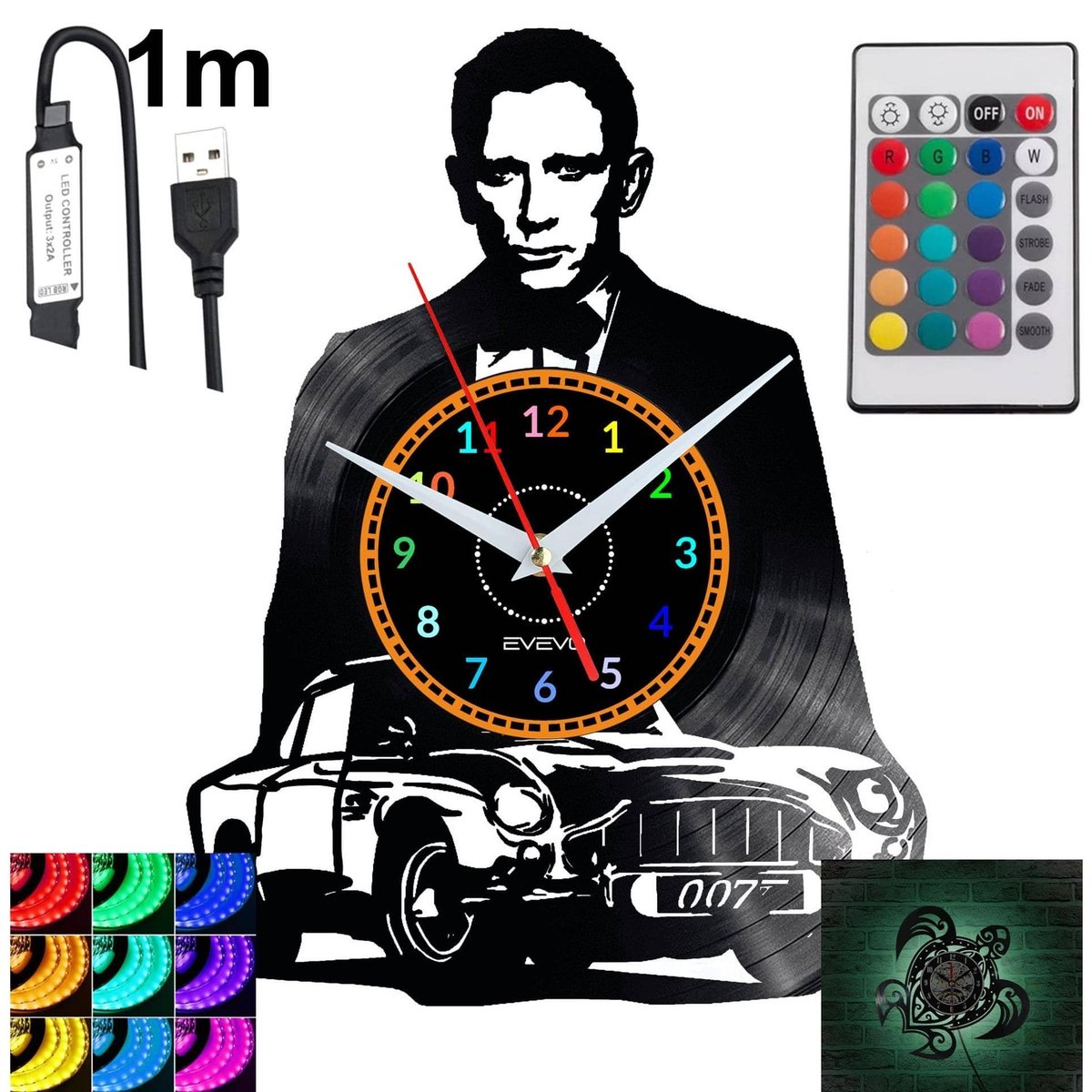 James Bond Zegar Ścienny Podświetlany LED RGB Na Pilota Płyta Winylowa ...