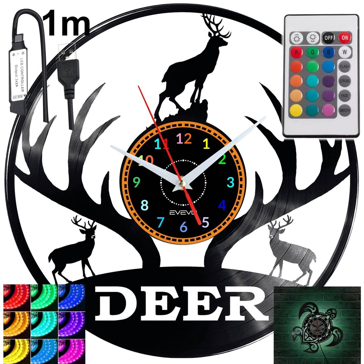 JELEŃ Zegar Ścienny Podświetlany LED RGB Na Pilota Płyta Winylowa ...