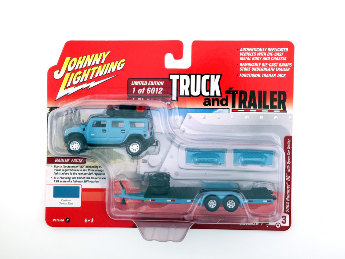 JOHNNY LIGHTNING 2004 Hummer H2 & Open Car Trailer Custom Ocean Blue ...