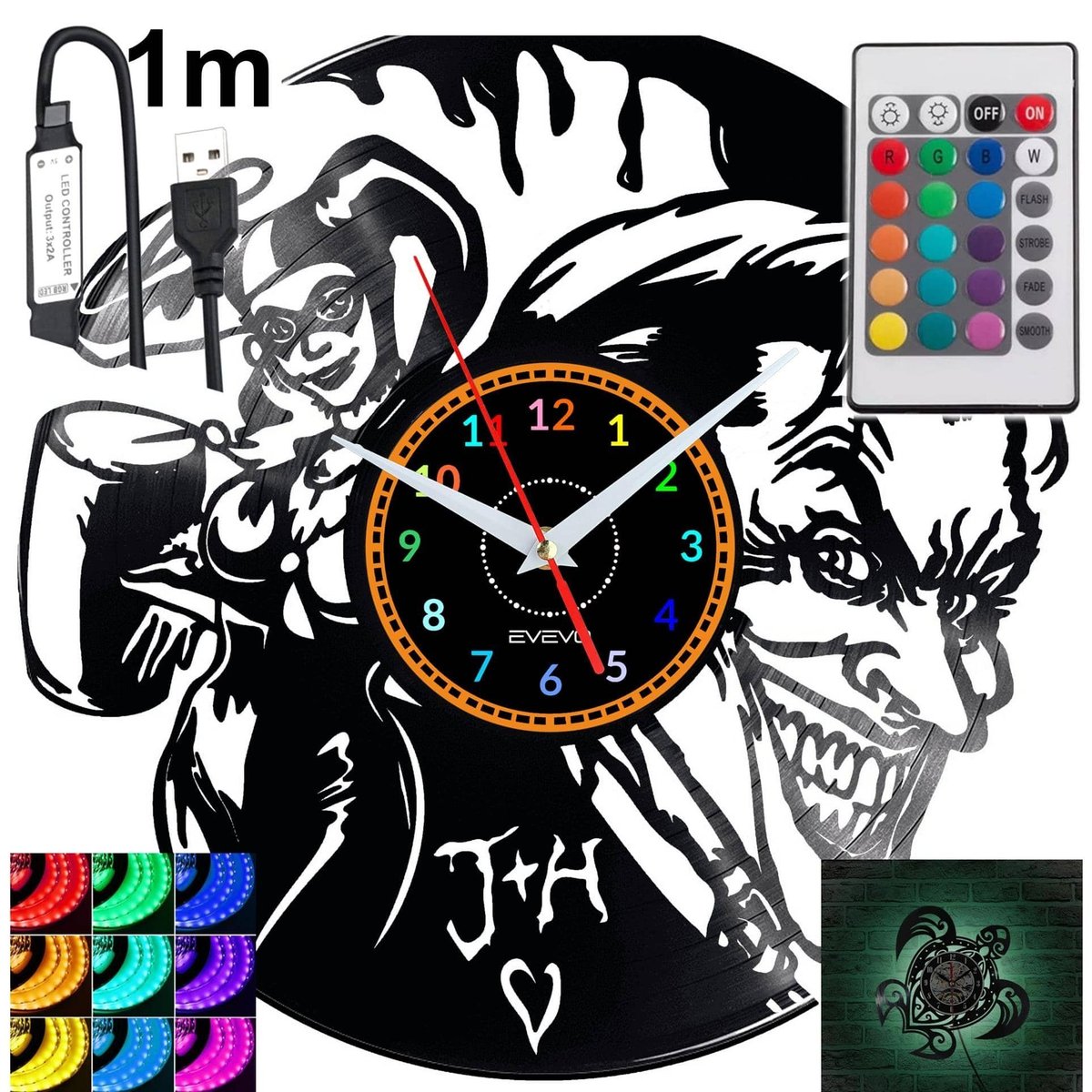 JOKER AND HARLEY QUINN Zegar Ścienny Podświetlany LED RGB Na Pilota ...