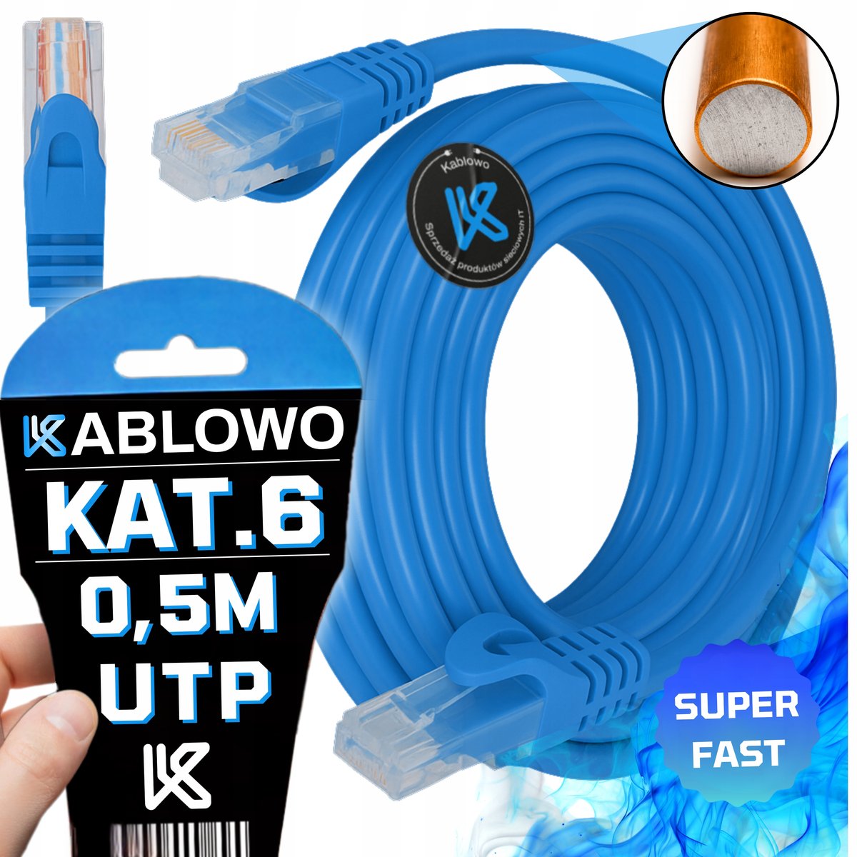 KABEL SIECIOWY PRZEWÓD LAN RJ45 CCA ETHERNET KAT.6 UTP 0,5M FAST ...