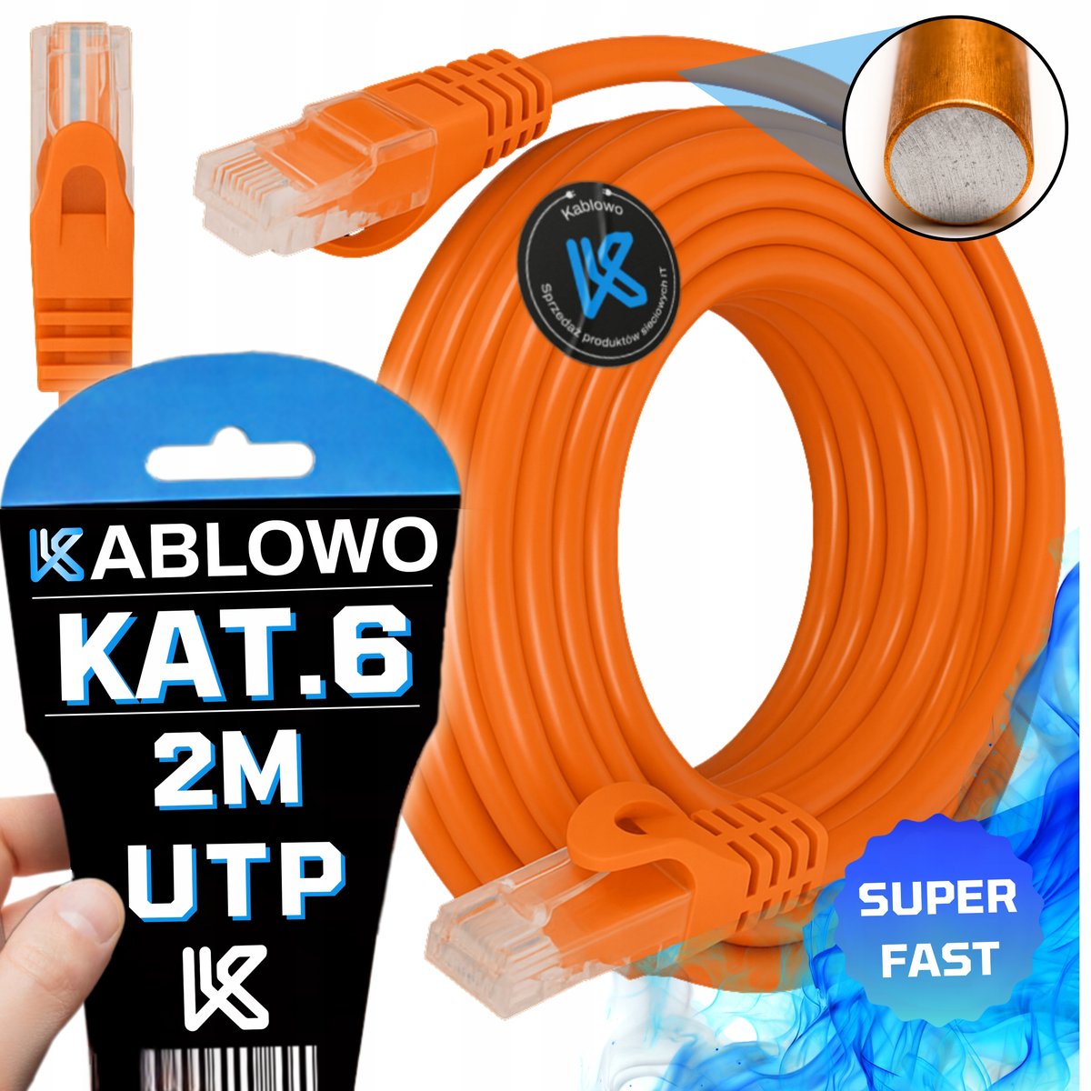 KABEL SIECIOWY PRZEWÓD LAN RJ45 CCA ETHERNET KAT.6 UTP 2M FAST KABLOWO ...