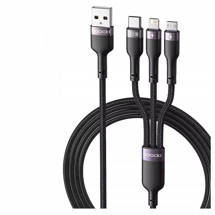 Kabel USB 3w1 USB-C, Micro, Lightning 100W, 1.2m, 3 końcówki do ładowania - Toocki | Sklep EMPIK.COM