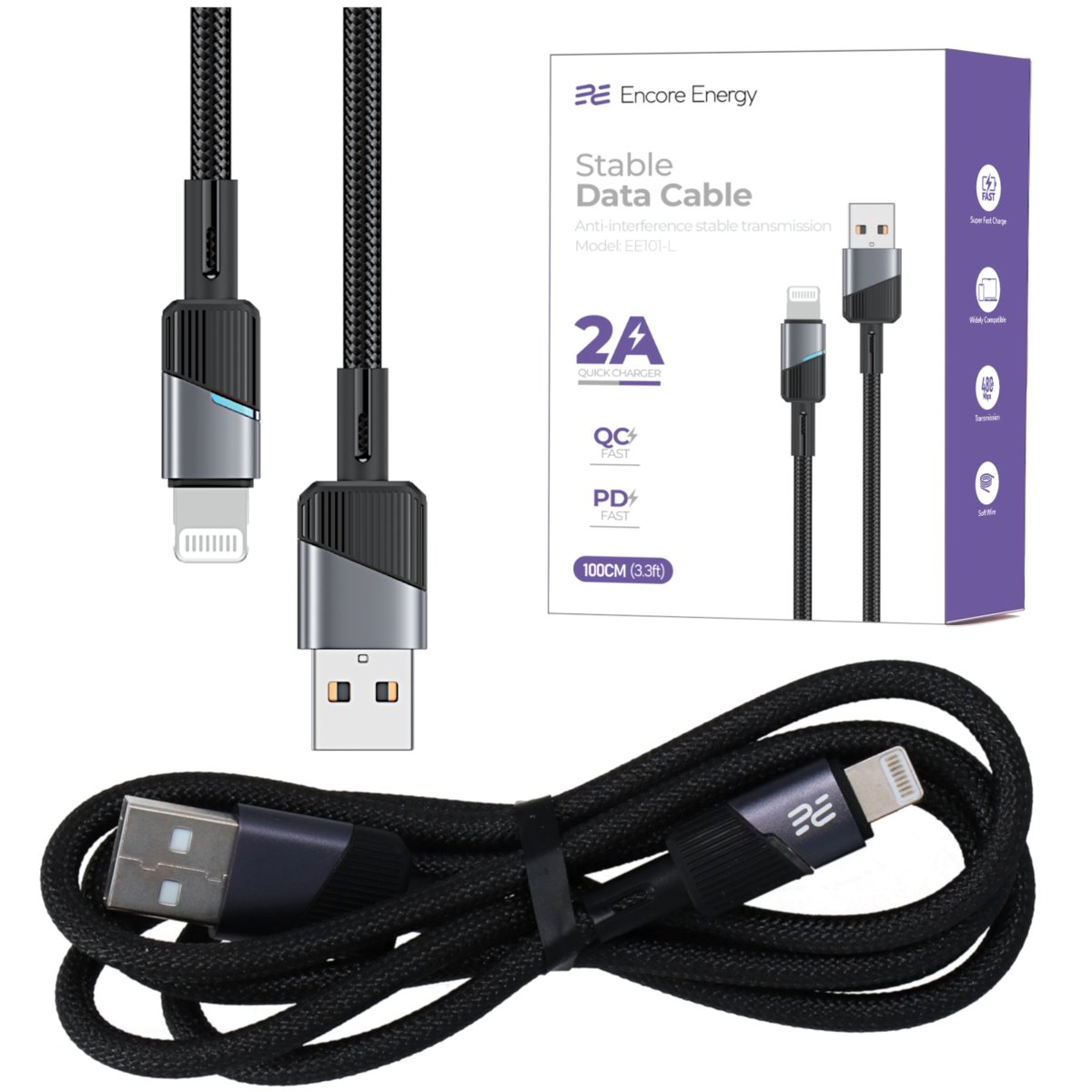 Kabel USB-A Lightning przewód QC PD do ładowania i danych 1m Encore ...