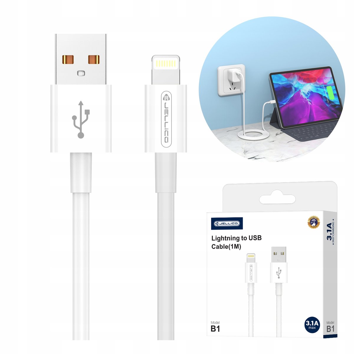 KABEL USB-A NA LIGHTNING DO APPLE IPHONE 1M SZYBKI BIAŁY 3.1A JELLICO ...