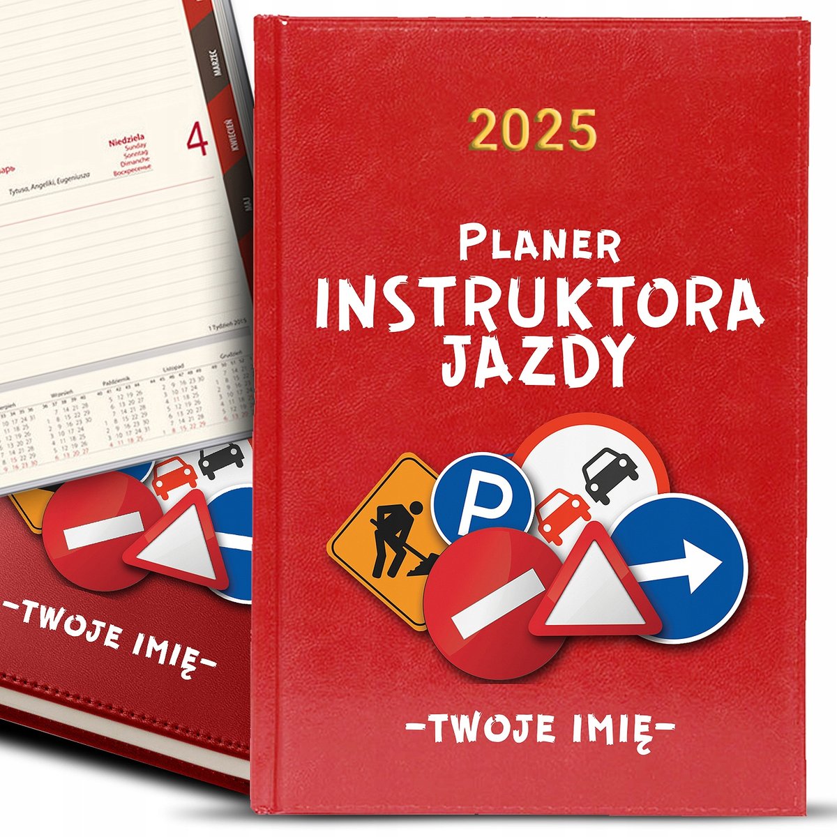 KALENDARZ A5 2025 Czerwony Terminarz Prezent DLA INSTRUKTORA JAZDY IMIĘ ...