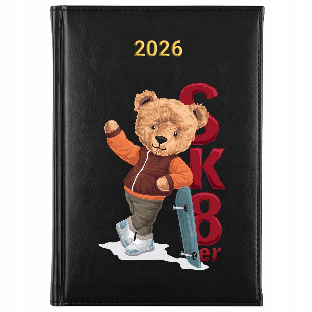 KALENDARZ CZARNY 2026 PLANER TERMINARZ | PREZENT TEDDY BEAR MIŚ SKATER ...