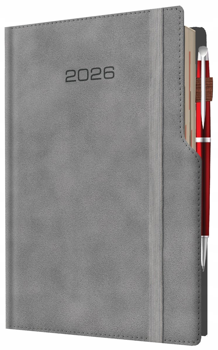 KALENDARZ KSIĄŻKOWY A5 DZIENNY 2026 PLANER GUMKA DŁUGOPIS SZARY ...