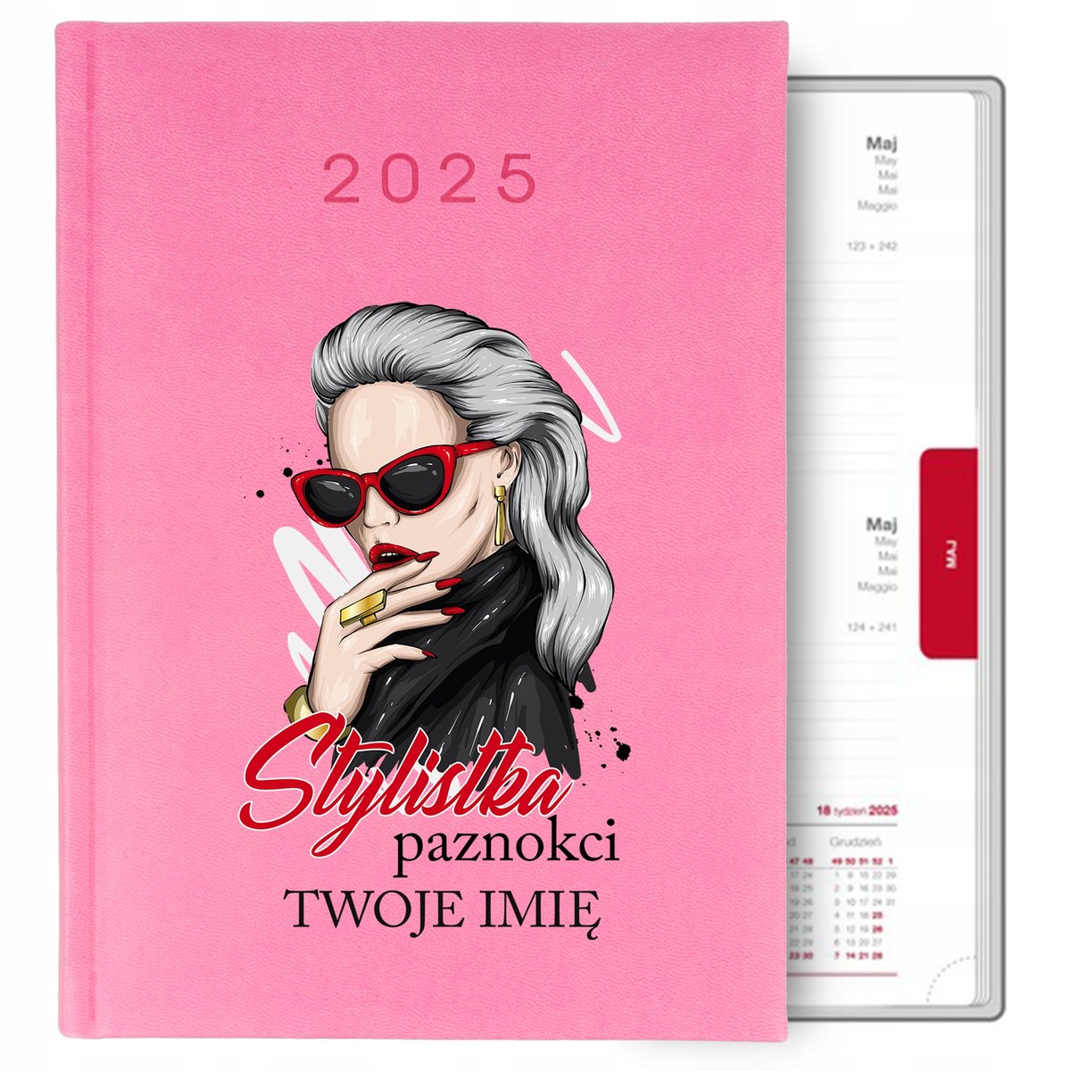 KALENDARZ Róż książkowy A5 2025 PREZENT dla StylistkI Paznokci IMIĘ ...