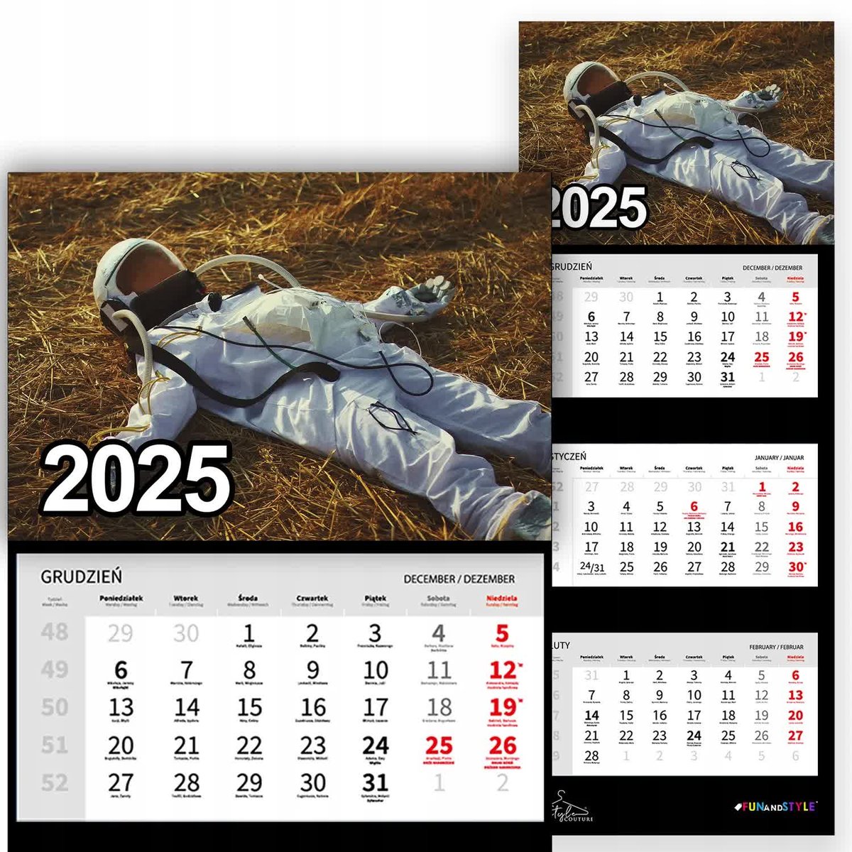 KALENDARZ TRÓJDZIELNY 2025 ASTRONAUTA NA ZIEMII Ścienny Kosmos Wzory ...